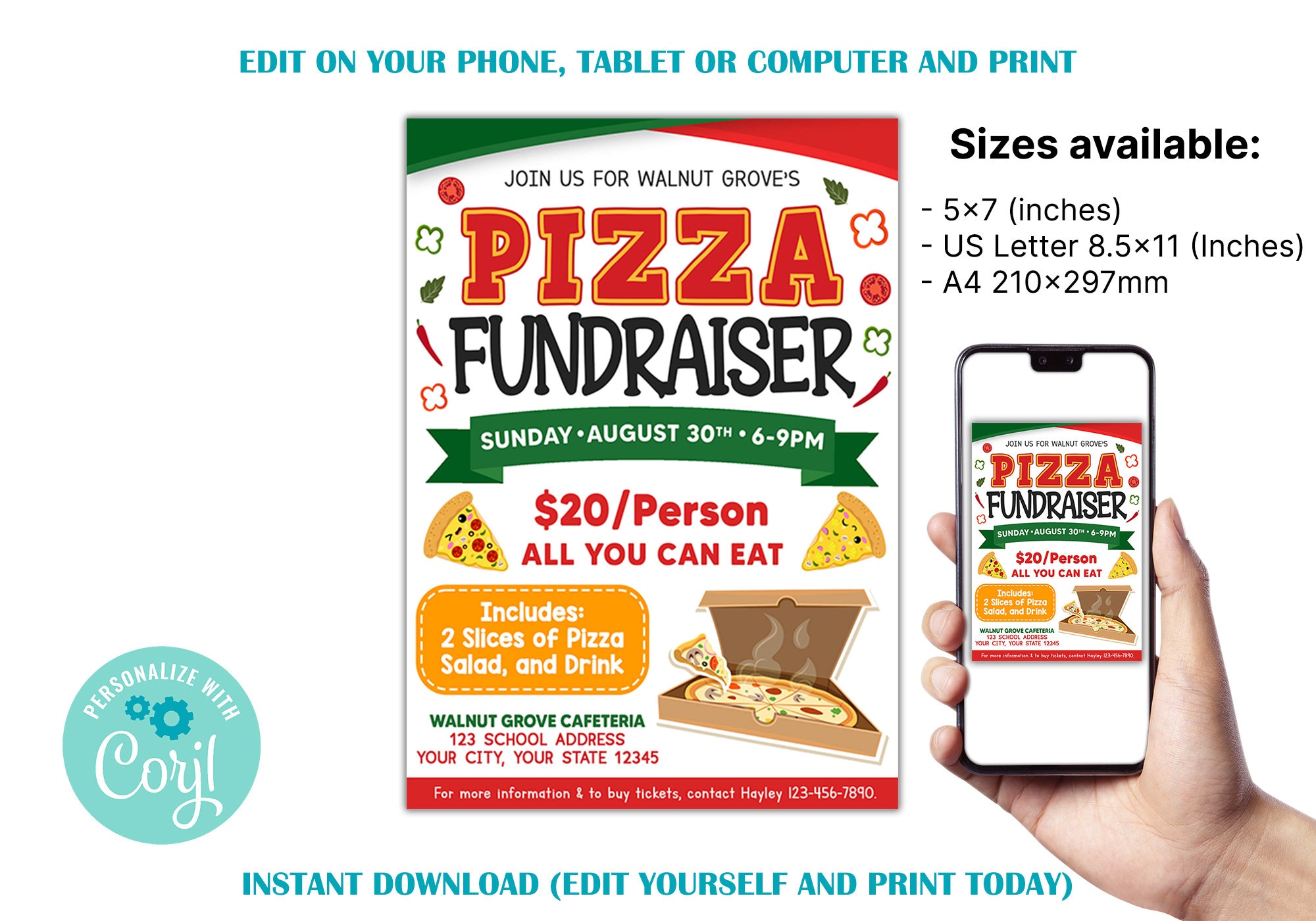 Editable Pizza Fundraiser Flyer Template, School Event Flyer Template ...