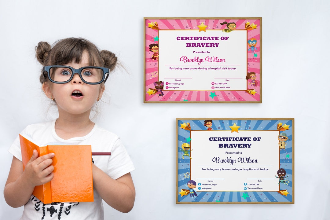 Two Editable Certificate of Bravery Award BUNDLE, Blue and Pink ...