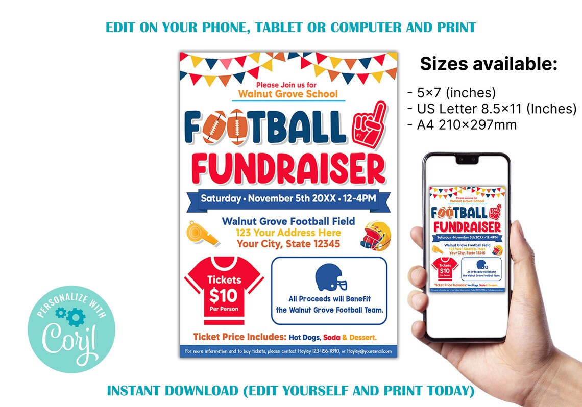Football Fundraiser School Sports Benefit Flyer, School Fundraiser ...