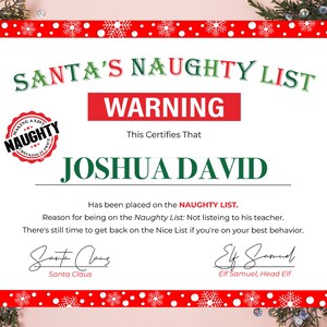 Printable Naughty List Warning, Santa Naughty List Certificate, Cute ...