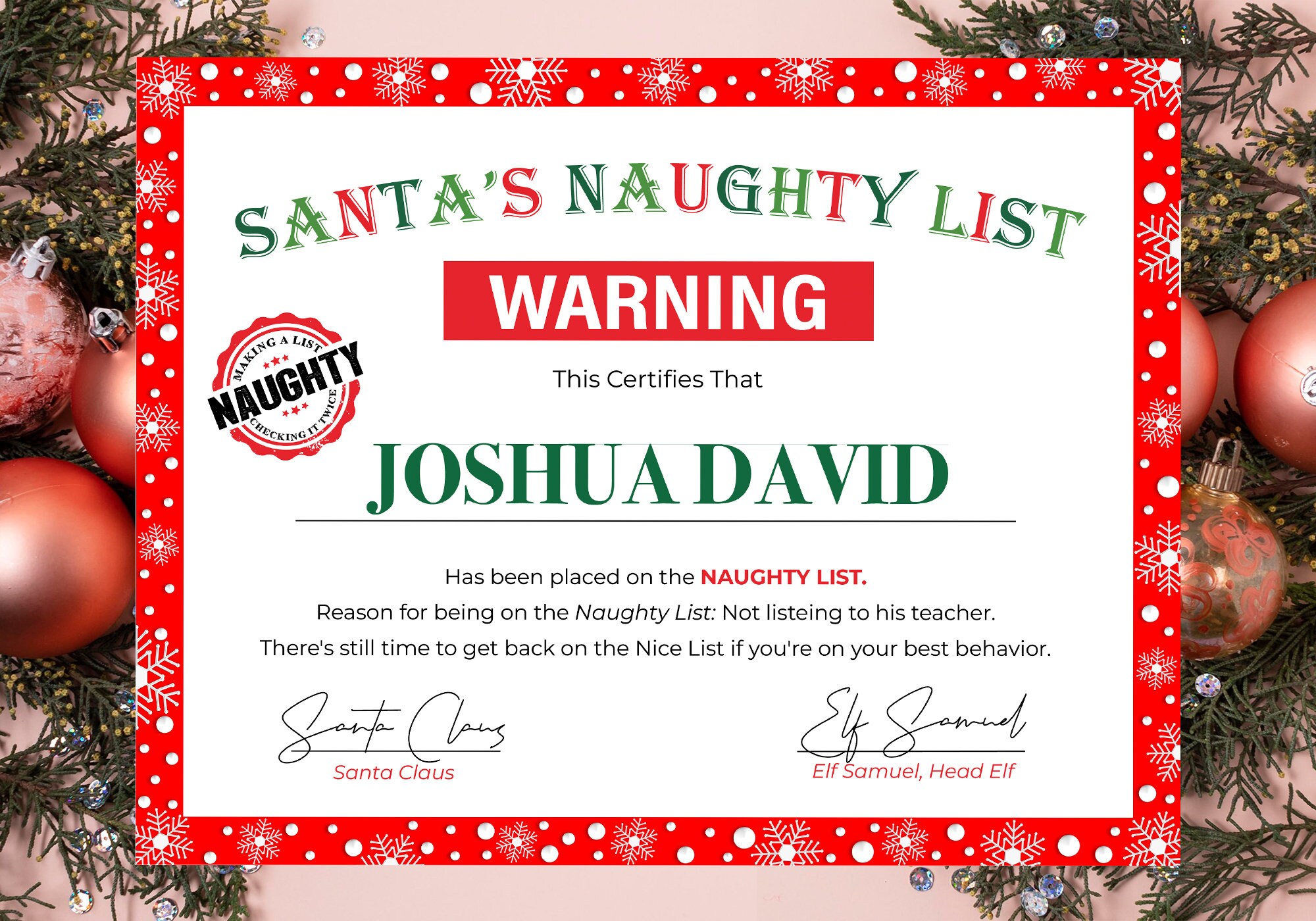 Printable Naughty List Warning, Santa Naughty List Certificate, Cute ...
