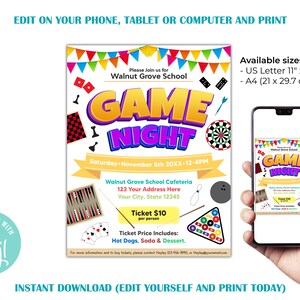 Editable Game Night Invite Flyer Template, Family Game Night, DIY PTA ...