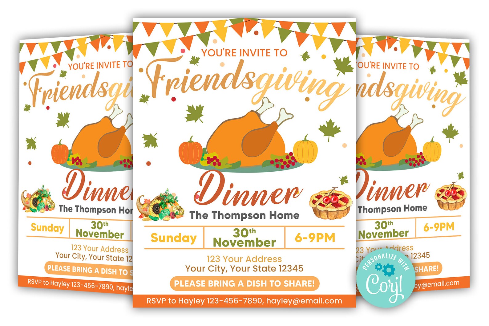 Friendsgiving Invite Editable, Turkey Thanksgiving Dinner Invitation ...