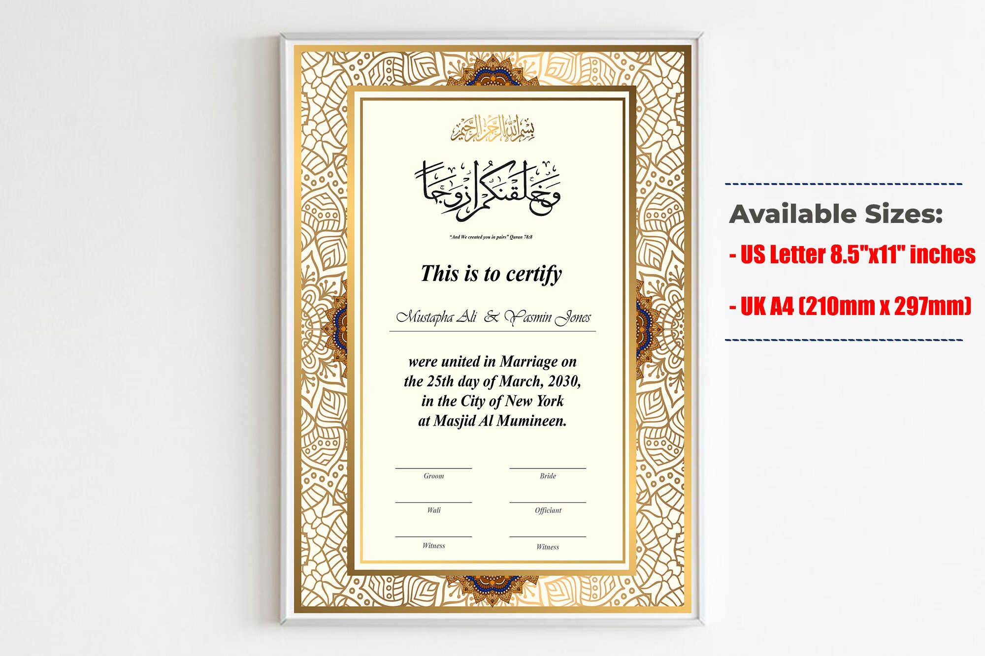 Editable Islamic Marriage Certificate Customizable Nikah - Etsy UK
