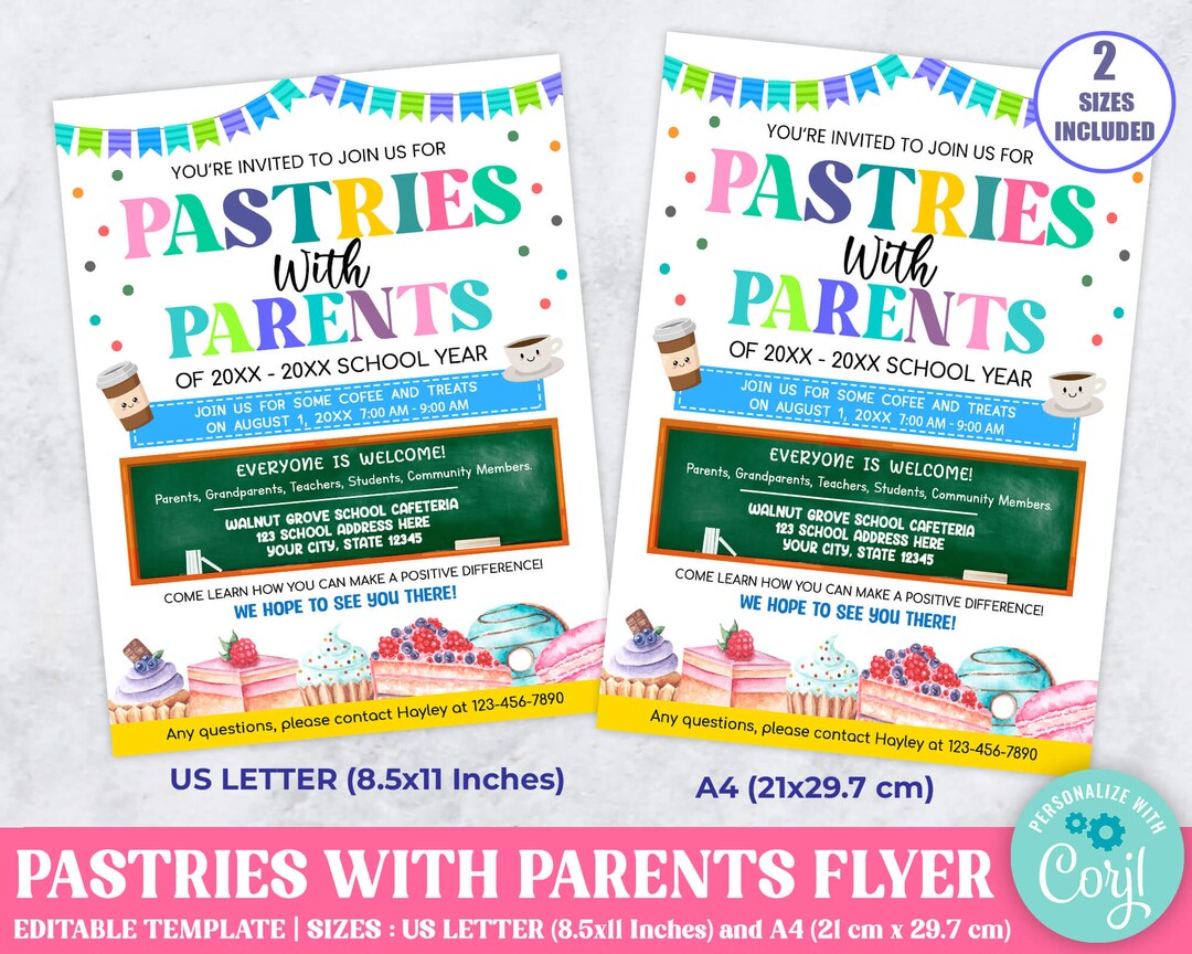 Editable Pastries With Parents Flyer, PTA PTO Printable Flyer, School ...