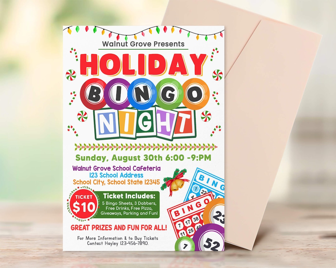 Holiday Bingo Night Flyer, School Family Holiday Game Fundraiser Event ...