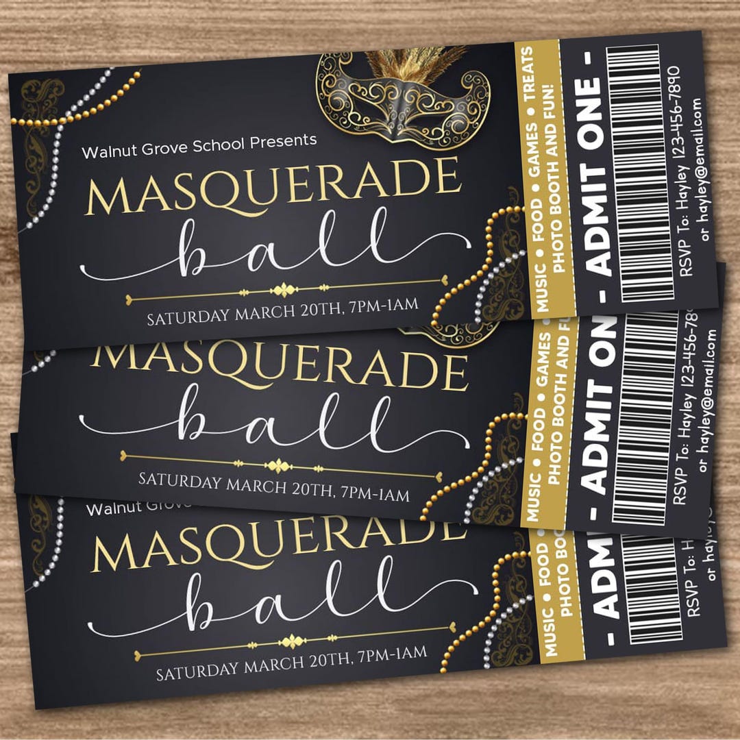 Masquerade Ball Ticket Template, Editable Masquerade Prom Ticket ...