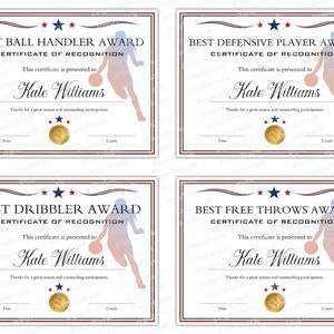 EDITABLE End of Season Basketball Award Certificates for Girls, Red ...