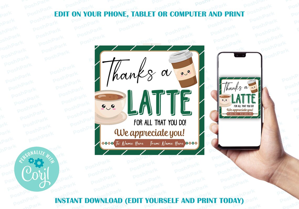 Thanks a Latte EDITABLE Tag Appreciation Gift Tag Template | Etsy