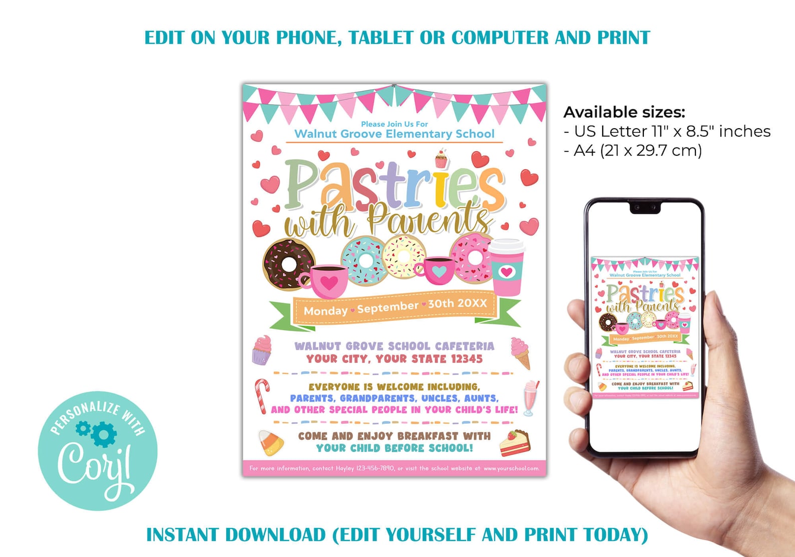 Editable Pastries With Parents Flyer, Parent Appreciation Open House ...