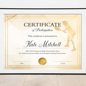 Editable Tennis Certificates for Girls, Minimalist Printable Tennis ...