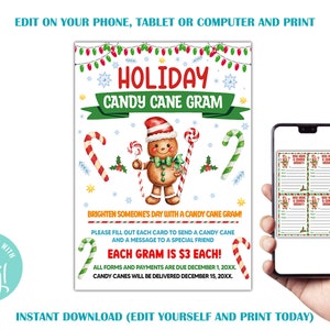 Editable Christmas Candy Cane Gram Template, Holiday Candy Cane Gram ...