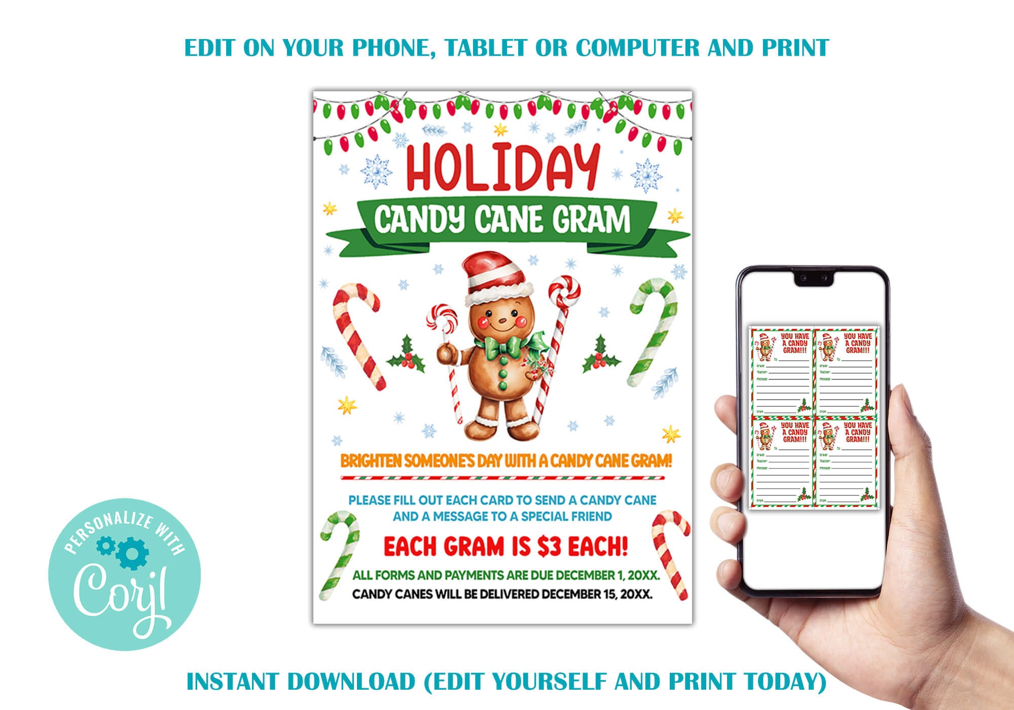 Editable Christmas Candy Cane Gram Template, Holiday Candy Cane Gram ...