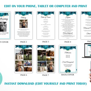 8 Page Turquoise Rose Funeral Program Template for Woman, Editable ...