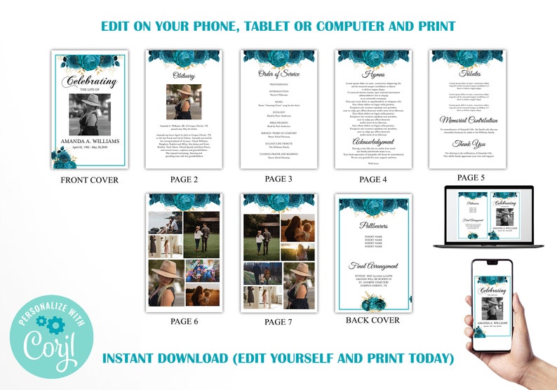 8 Page Turquoise Rose Funeral Program Template for Woman, Editable ...