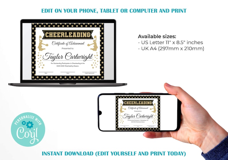 Editable Cheerleader Certificate, Gold and Black Cheer Certificates ...