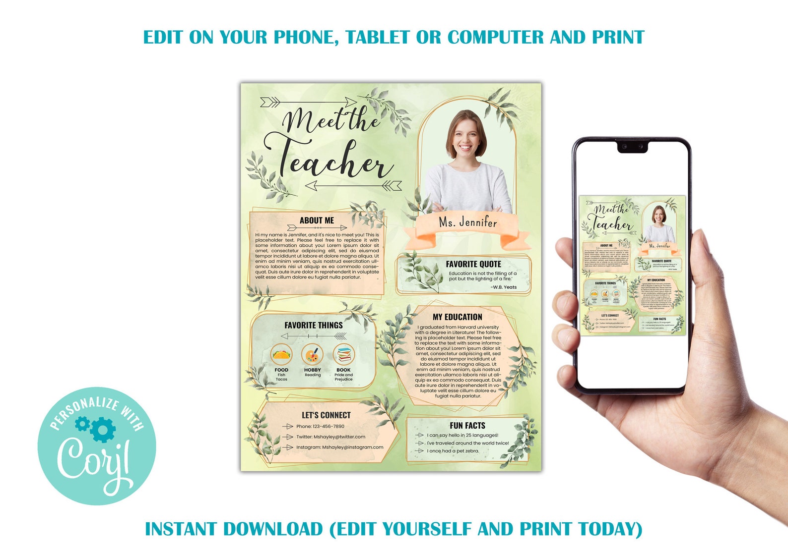 Meet the Teacher Editable Greenery Template Photo Teacher - Etsy