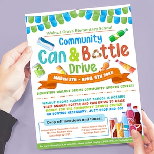Editable Can and Bottle Drive Fundraiser Flyer, PTO PTA Family School ...