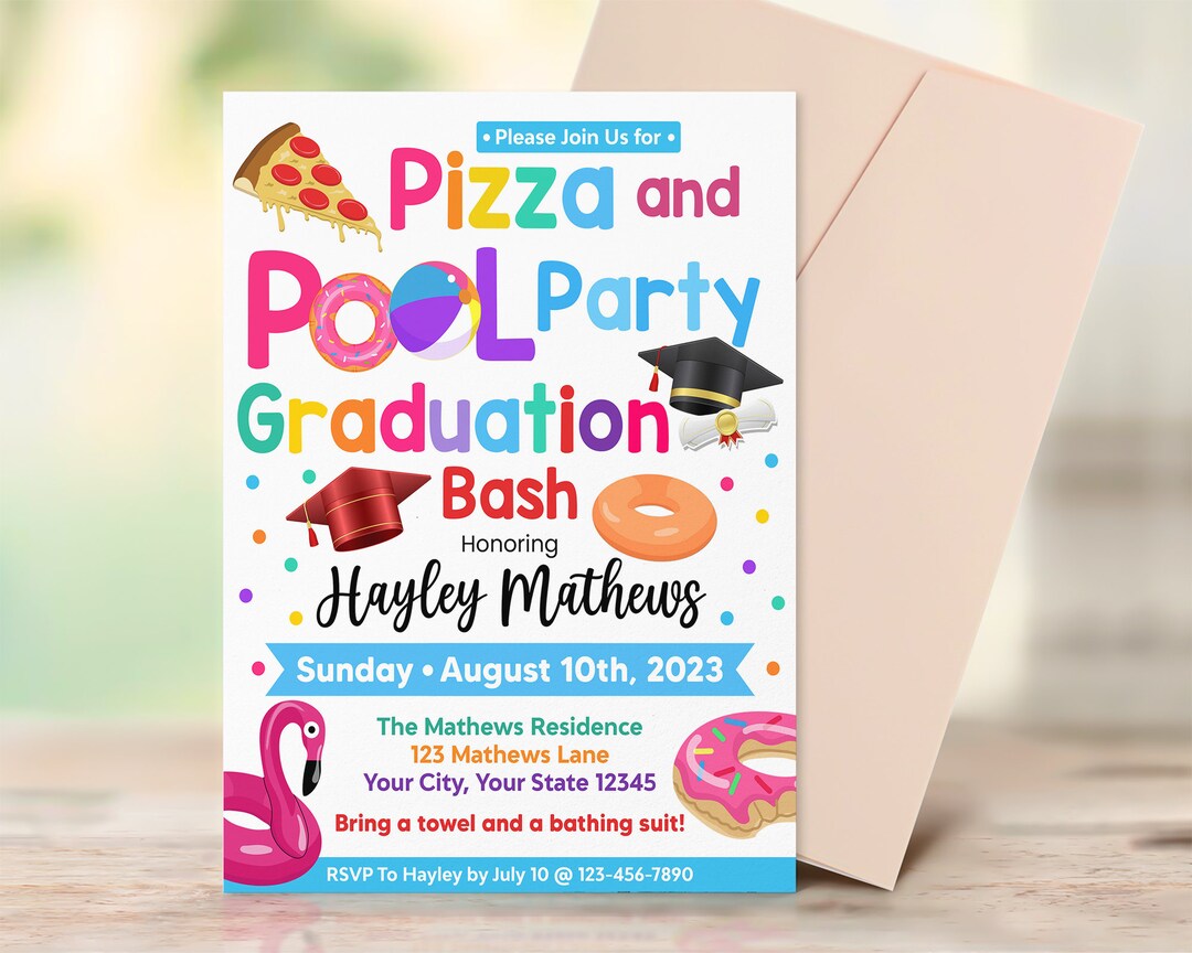 Editable Pizza and Pool Party Graduation Bash Invitation, Grad Party ...