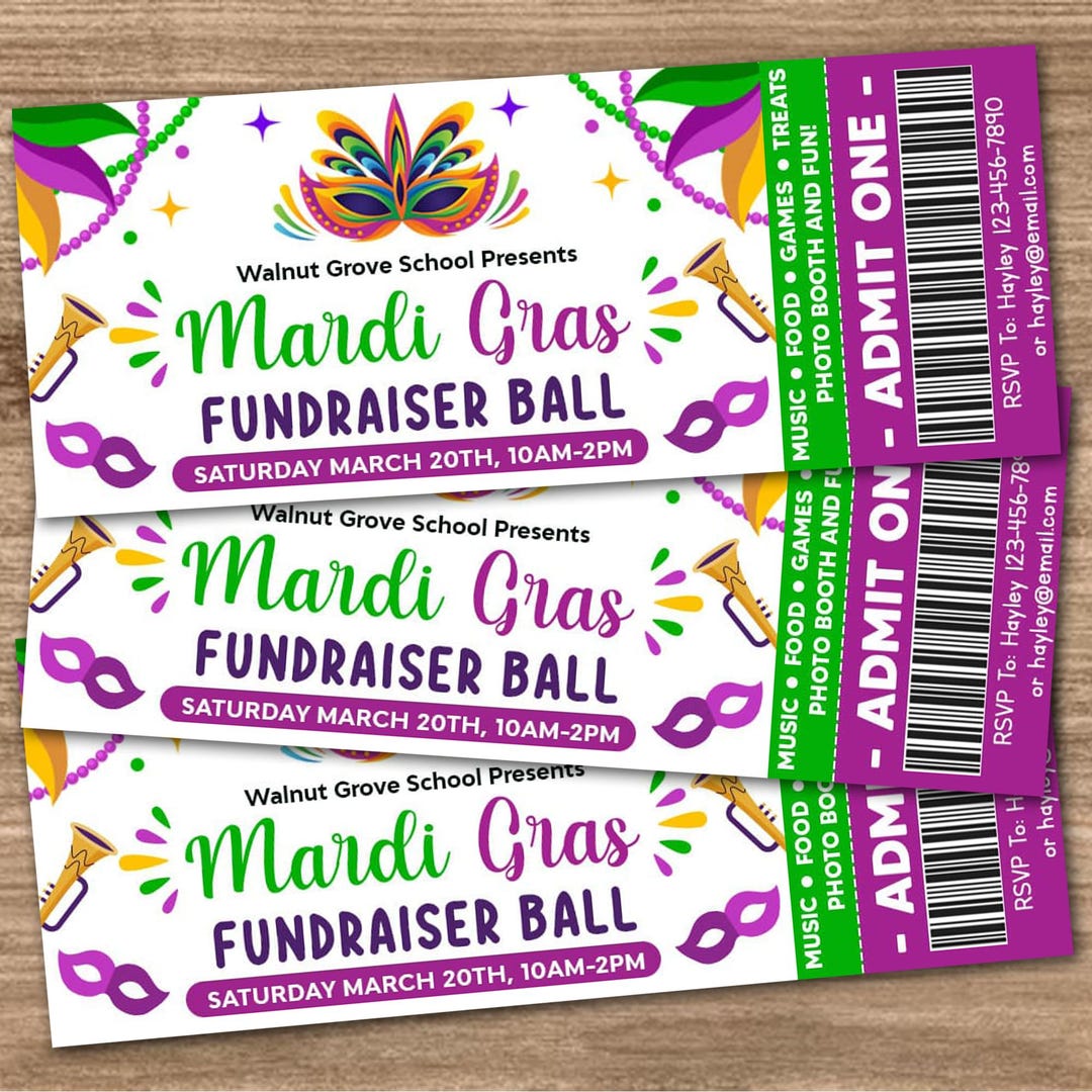 Mardi Gras Fundraiser Ticket Template, Editable Mardi Gras Class Party ...