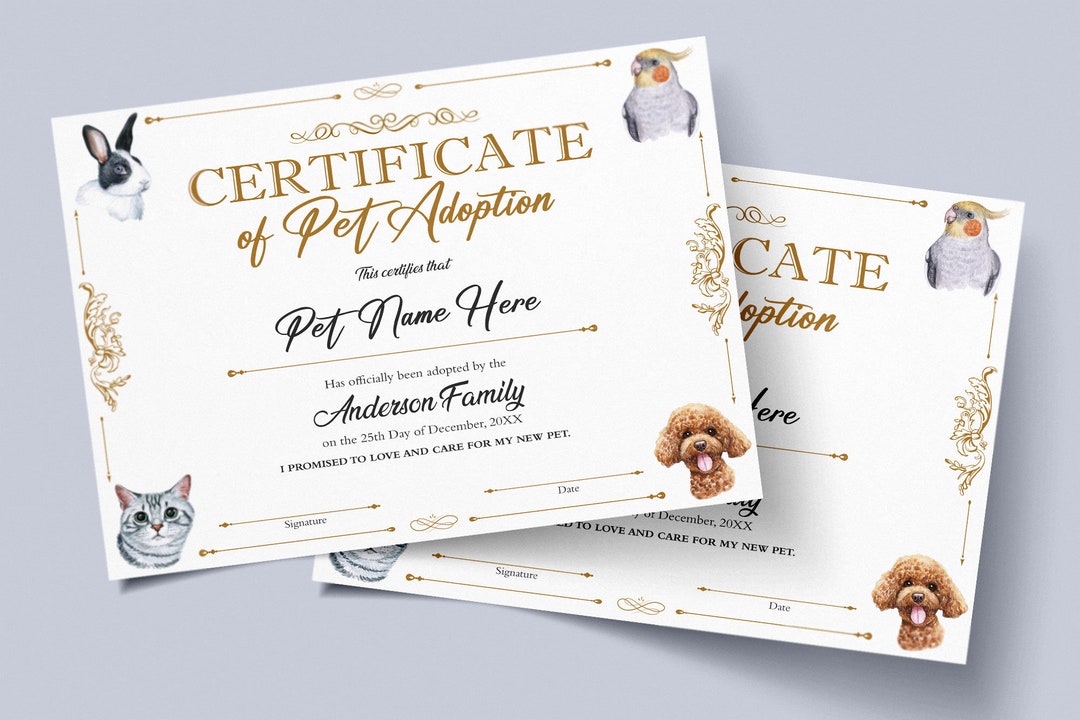 Certificate of Pet Adoption, Cat, Dog, Animal Certificate Template, Pet ...