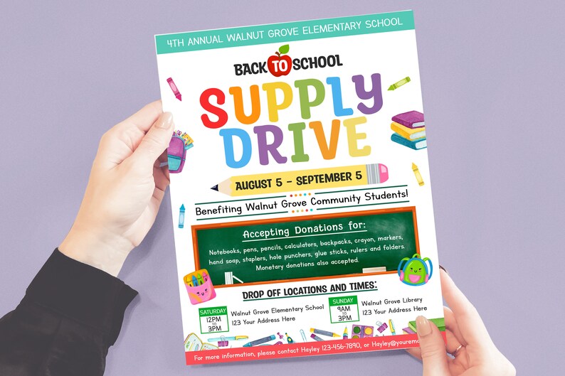 Editable School Supply Drive Flyer, Colorful Back to School Drive Flyer ...