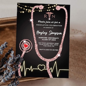 Editable Nurse Graduation Invitation Black and Rose Gold, Nursing Grad ...