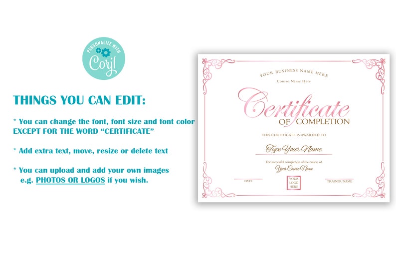 Editable Certificate of Completion Template Rose Gold - Etsy