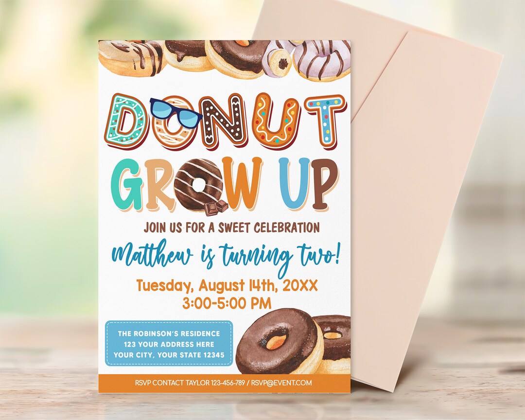 Donut Grow up Birthday Invitation Boy, Donut Themed Birthday Invite ...