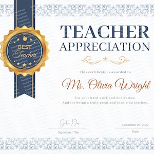 Editable Teacher Appreciation Award Certificate Template Set of 10 ...