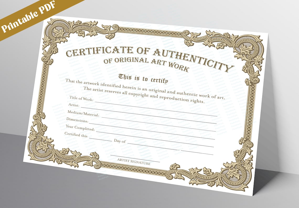 Printable Blank PDF Certificate of Authenticity for Artwork - Etsy