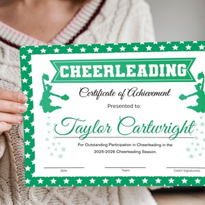EDITABLE Cheerleader Certificate, Green DIY Cheerleading Award ...