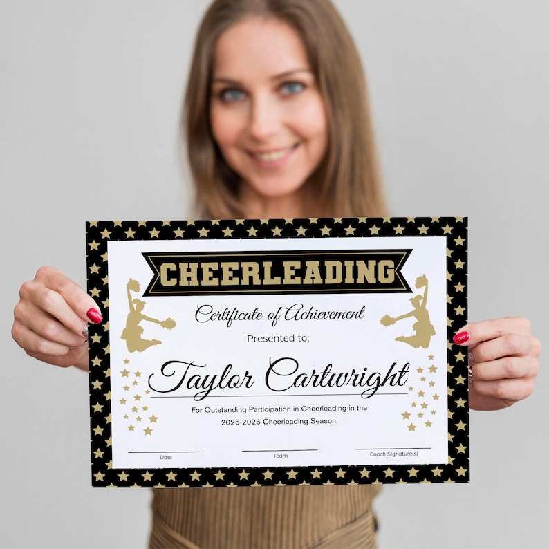 Editable Cheerleader Certificate, Gold and Black Cheer Certificates ...