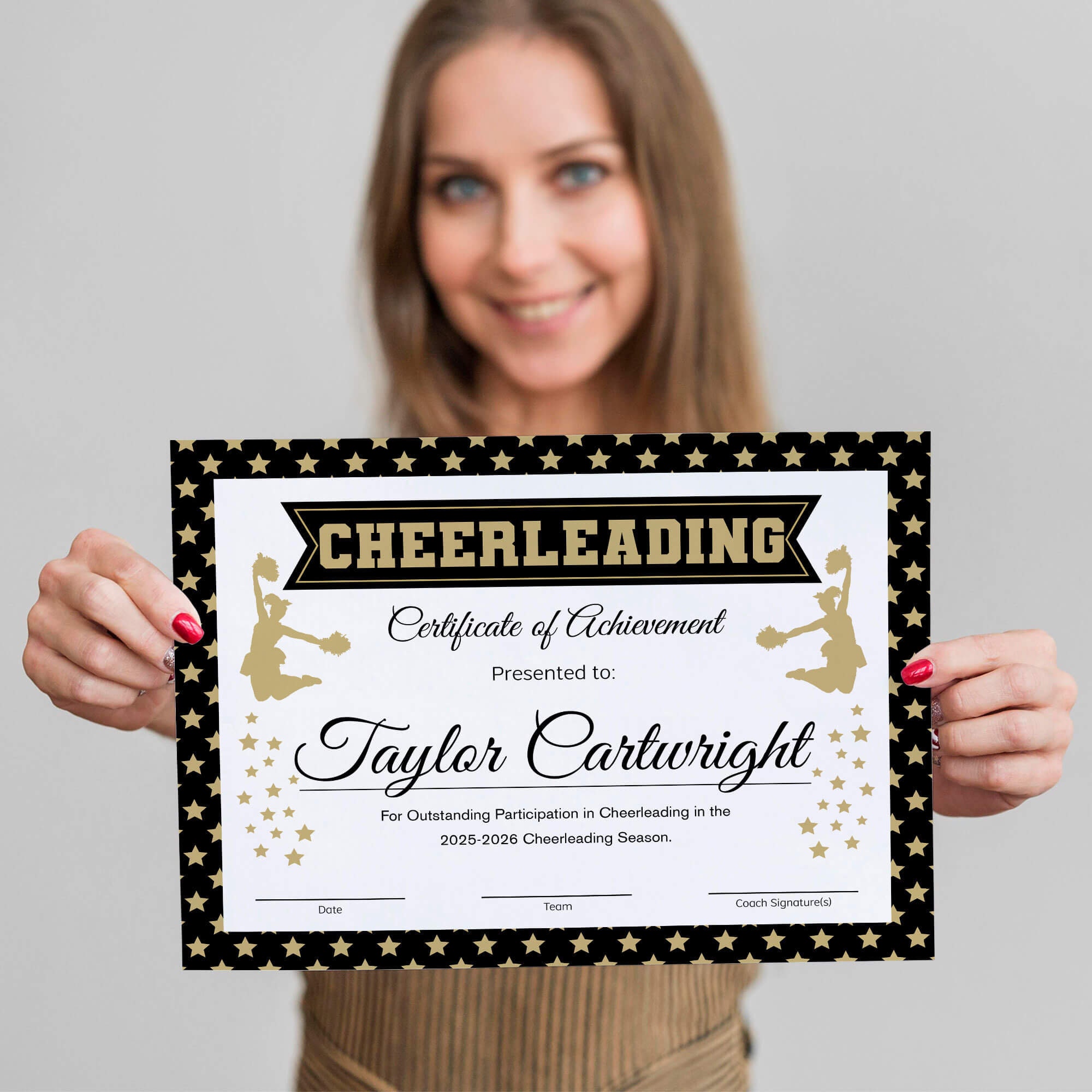 Editable Cheerleader Certificate, Gold and Black Cheer Certificates ...