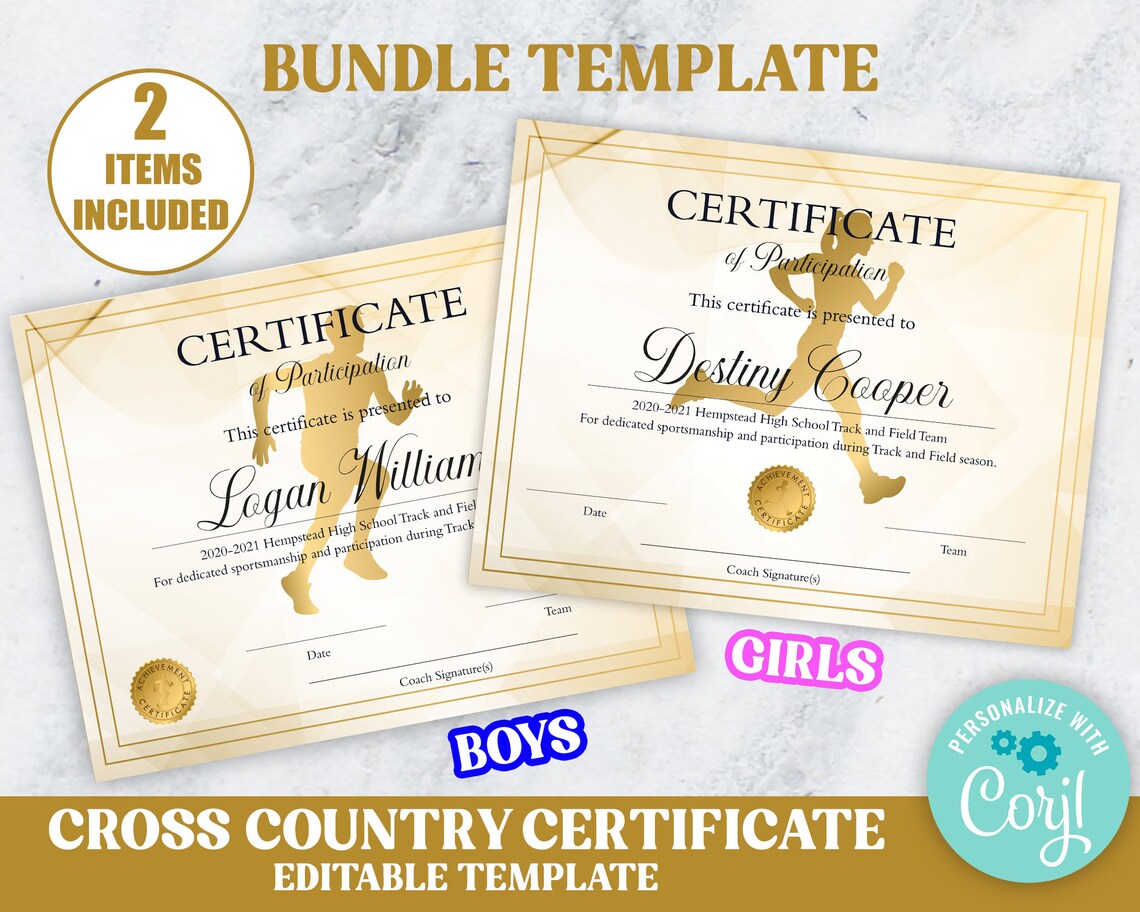 Editable Cross Country Certificate Template Bundle for Boys and Girls ...