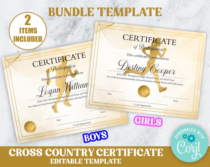 EDITABLE COLORS Track Award Certificates | Online Template | Easy ...