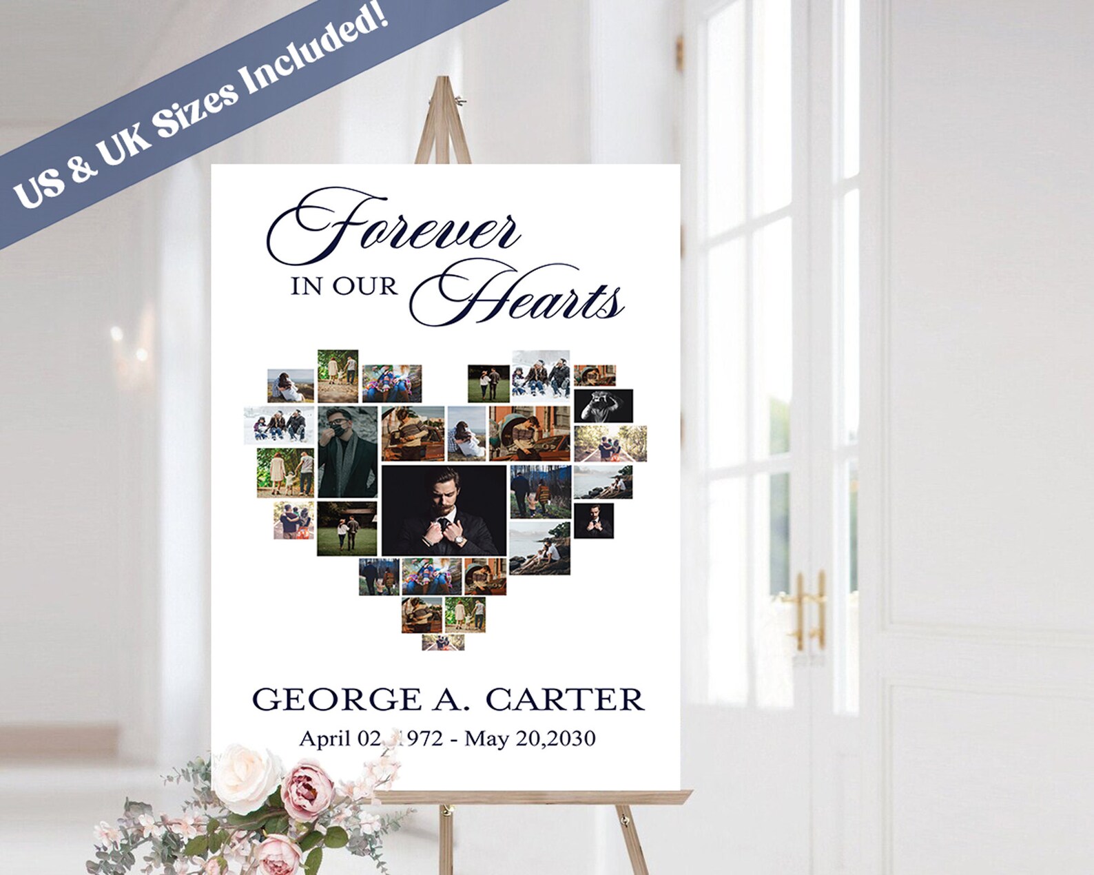 EDITABLE Funeral Poster Photo Display Set, Navy Blue Minimalist Funeral ...