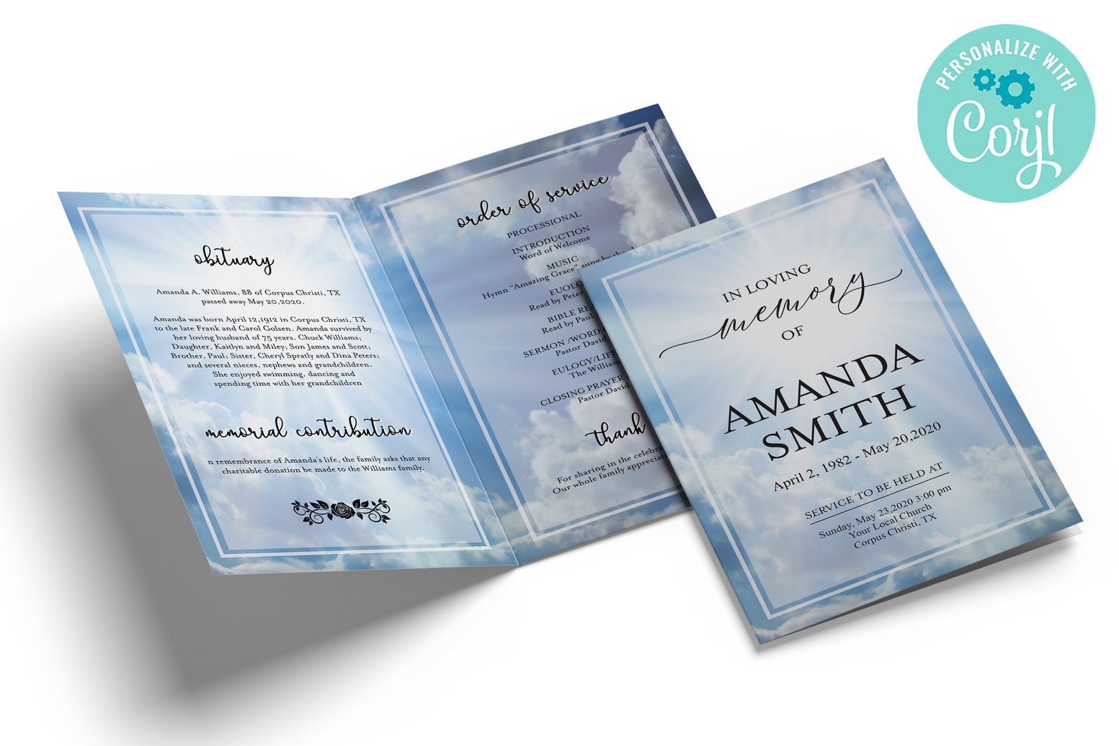 Blue Sky Funeral Brochure, Editable 4 Page Blue Funeral Program - Etsy