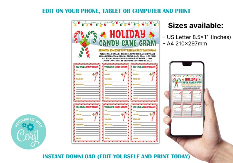 Editable Candy Cane Gram Flyer Template, Holiday Candy Cane Printable ...