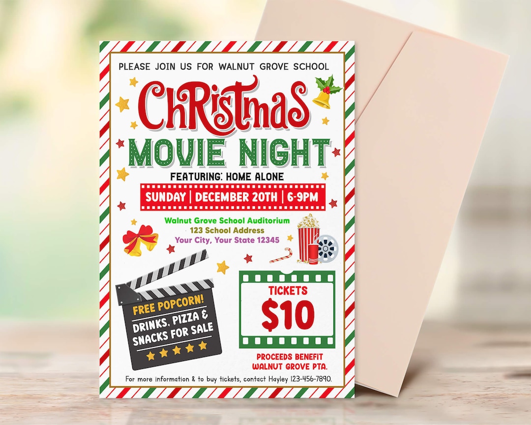 Christmas Movie Night Flyer, Holiday Cinema Party Invitation, Xmas ...