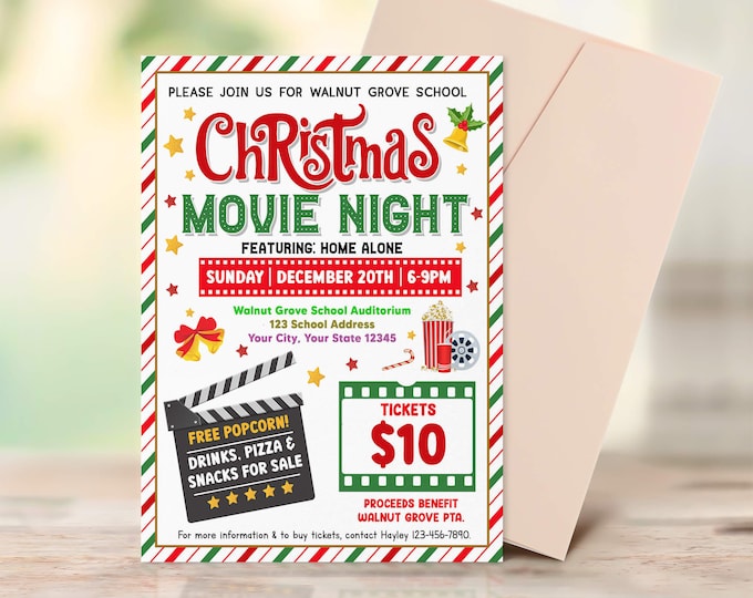 EDITABLE Christmas Movie Night Flyer, Printable PTA PTO Flyer Xmas ...