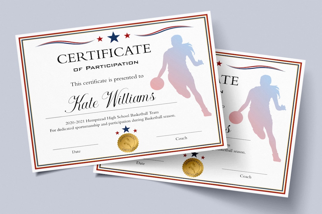 Editable Girl's Basketball Certificate Template: Sports Award (digital ...