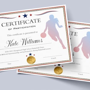 Editable Girl's Basketball Certificate Template, Red White Blue ...