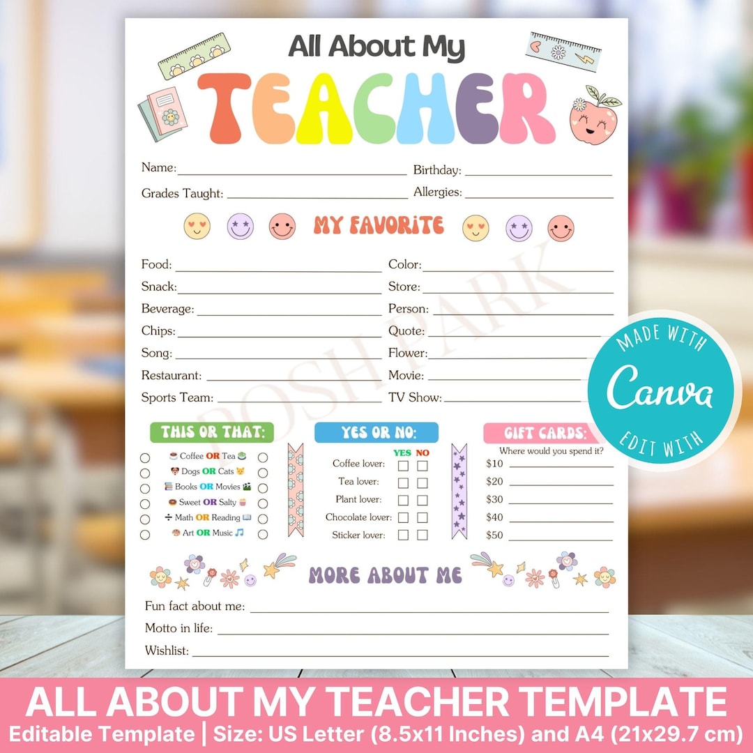 All About My Teacher Editable | Teacher Favorite Things Template | Get ...