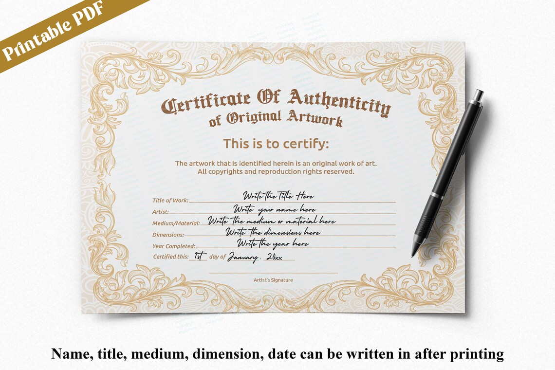 Printable Blank PDF Certificate of Authenticity for Artwork - Etsy