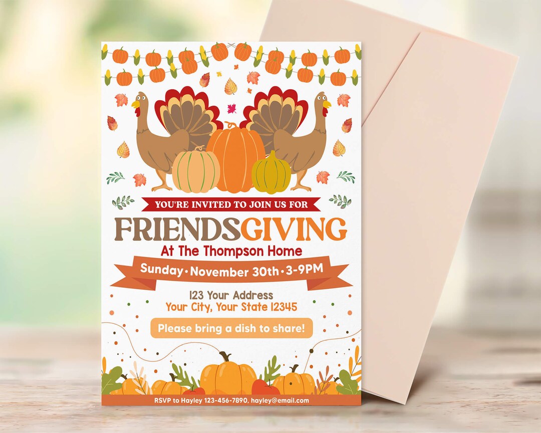 Editable Friendsgiving Invite, Turkey Thanksgiving Dinner Invitation ...