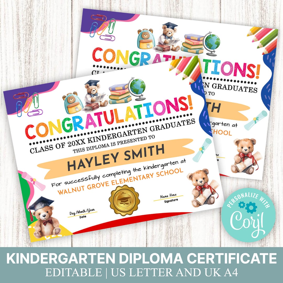 Editable Kindergarten Diploma, Personalized Graduation Certificate ...