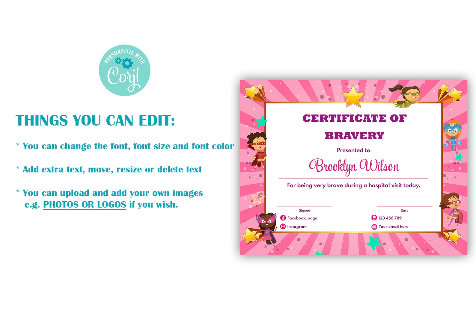 Editable Certificate of Bravery, Pink Printable Kids Certificate ...