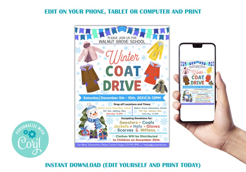 Editable Winter Coat Drive Flyer Template DIY Charity Church - Etsy