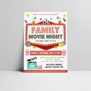 Editable Family Movie Night Flyer, School Church Benefit Fundraiser ...